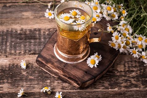 나무 테이블에 허브 카모마일 차입니다 투명 컵 나무 테이블에 카밀레 꽃에 카모마일 티 아기를 위한 허브 차 39 S 위 공간에 복사 합니다 0명에 대한 스톡 사진 및 기타