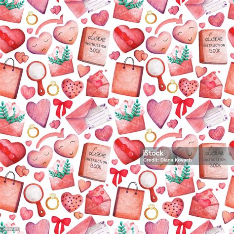 손으로 그린 원활한 패턴 수채화 봉투 심장 꽃 반지 활 거울 디자인 발렌타인 데이 또는 여성의 날 인사말 카드 초대장 벽지 포장지에 대한 낭만적 인 그림 거울에 대한 스톡