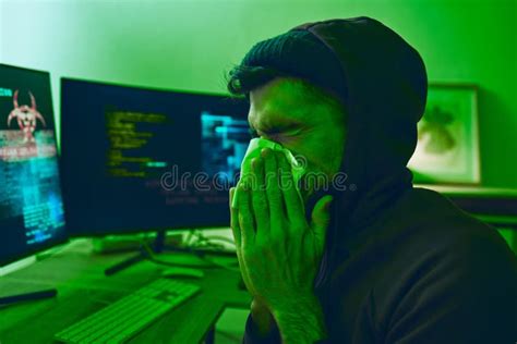 Man Crime Or Sick Hacker With Virus In Office For Coding Online Fraud