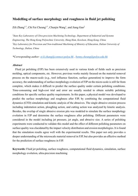 Pdf Modelling Of Surface Morphology And Roughness In Fluid Jet Polishing