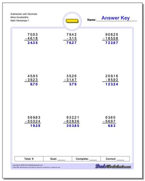 Subtraction Worksheets Subtraction With Decimals