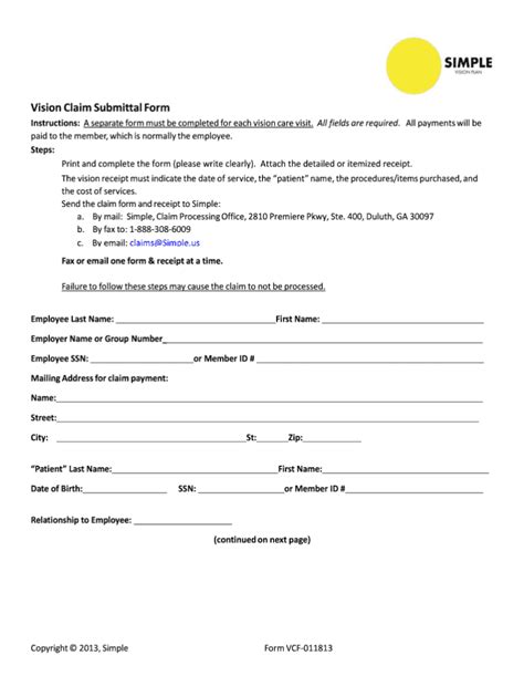 Simple Vision Claim Form Fill Online Printable Fillable Blank