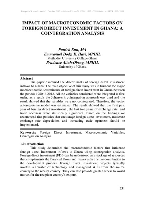 Pdf Impact Of Macroeconomic Factors On Foreign Direct Investment In Ghana A Cointegration