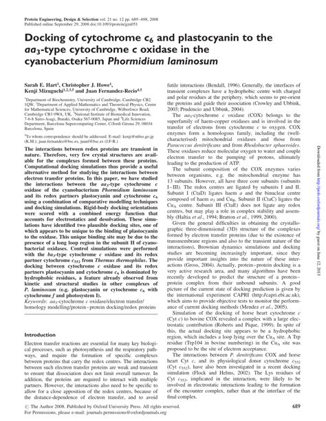 Pdf Docking Of Cytochrome C6 And Plastocyanin To The Aa3 Type Cytochrome C Oxidase In The