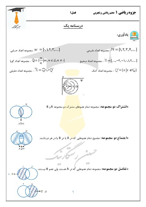 جزوه فصل یک مجموعه، الگو و دنباله ریاضی 1 دهم رشته تجربی و ریاضی گاما