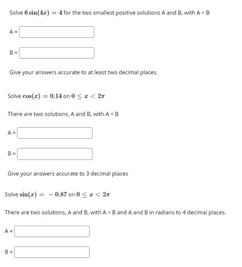solved solve 6 sin 4x 4 for the two smallest positive