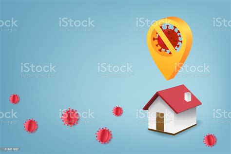 유지 홈 세이브 라이프 검역 개념 중지 코비드19 코로나 바이러스 파란색 배경에 집 위에 지도 핀 또는 위치 포인터 3차원 형태에 대한 스톡 벡터 아트 및 기타 이미지