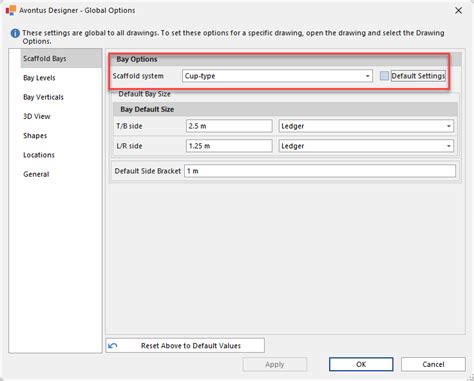 Setting Scaffold Bay Global Options