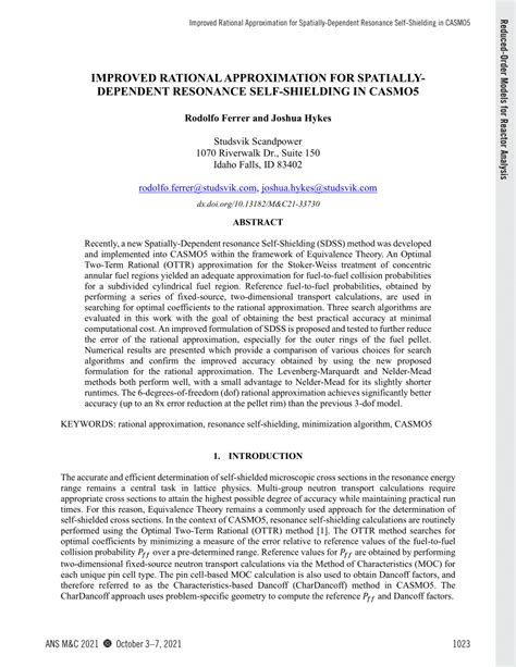 Pdf Improved Rational Approximation For Spatially Dependent Resonance Self Shielding In Casmo5