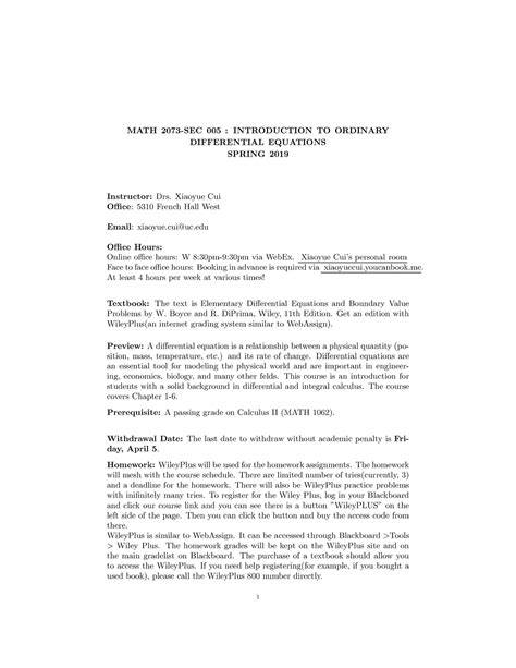 Math2073 Ordinary Differential Equations Math 2073 Sec 005 Introduction To Ordinary