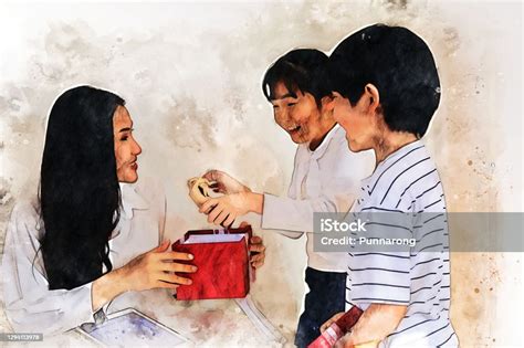 추상적인 다채로운 행복 아시아 가족 미소 초상화와 수채화 일러스트 페인팅 배경에 코로나 바이러스를 보호하기 위해 집에 머물 2 3 살에 대한 스톡 사진 및 기타 이미지