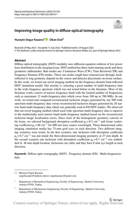 Improving Image Quality In Diffuse Optical Tomography Request Pdf