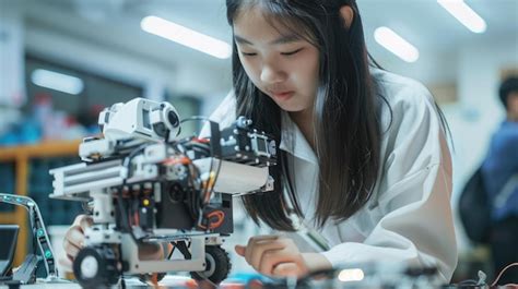 Asian Teenager Doing Robot Project In Science Classroom Technology Of Robotics Programing And