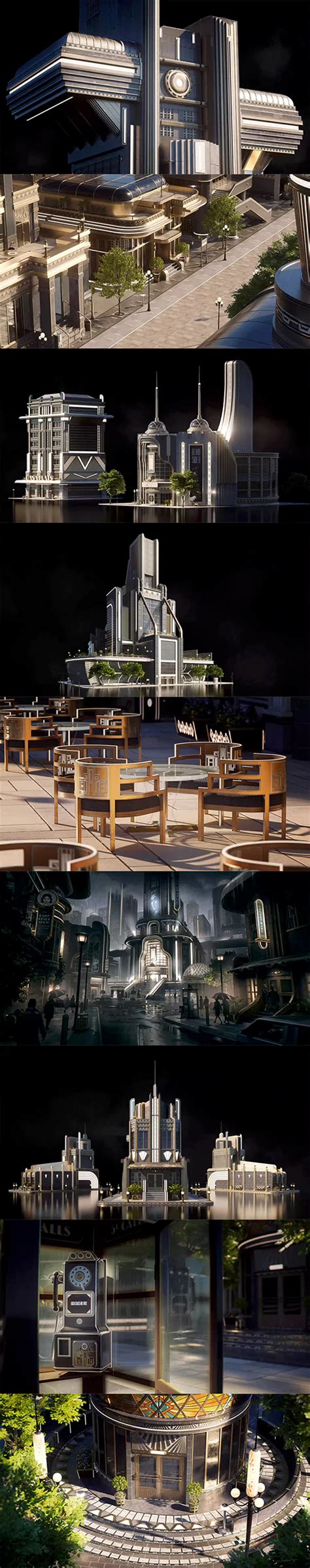 Blender复古黑影未来主义城市建筑资产3d模型 Kitbash3d Noir Futurism Blenderx源素