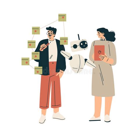 Artificial Intelligence Technology With Man And Woman Character Discuss Business With Bot Vector
