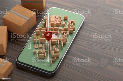 우편 배달 서비스의 개념 스마트폰 화면에서 화물 배달을 위한 내비게이션 지도 3d 렌더 배달에 대한 스톡 사진 및 기타 이미지