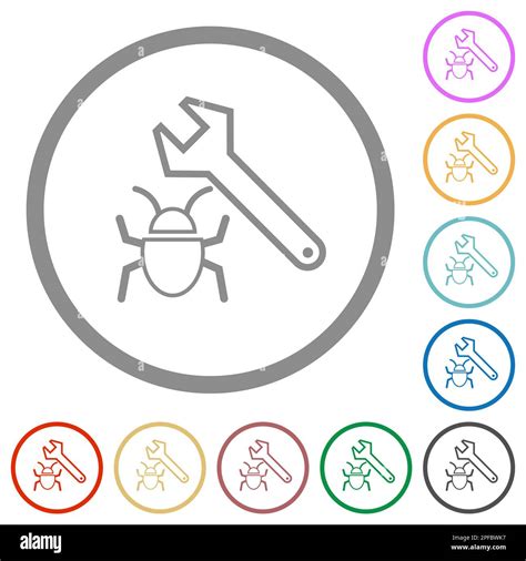 Bug Fixing Outline Flat Color Icons In Round Outlines On White Background Stock Vector Image