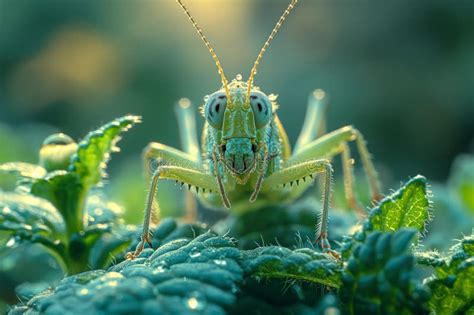 ai generated illustration of a green grasshopper on a leaf stock image