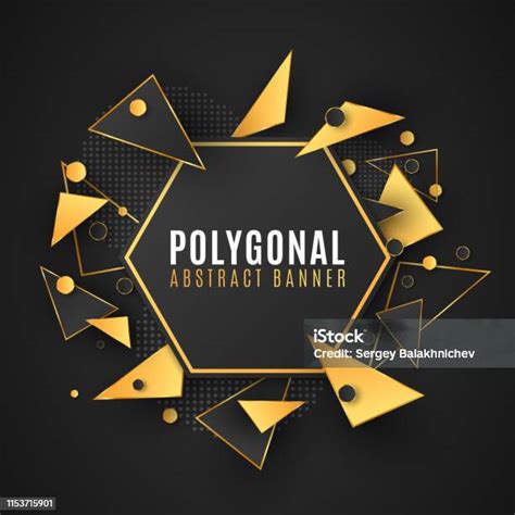 기하학적 인 모양의 현대 다각형 배너입니다 낮은 폴 리 스타일 랜덤 삼각형 형태 검정과 금색 삼각형 도트에서 동그라미 벡터 일러스트 Eps 10 0명에 대한 스톡 벡터 아트