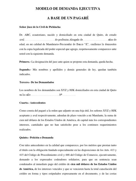 Modelo De Demanda Ejecutiva Procedimiento Civil Demanda Judicial