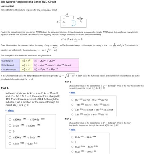 Solved The Natural Response Of A Series Rlc Circuit Learning