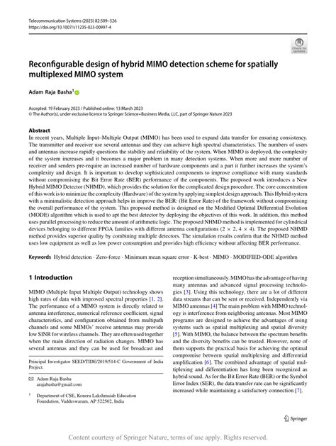 Reconfigurable Design Of Hybrid Mimo Detection Scheme For Spatially Multiplexed Mimo System