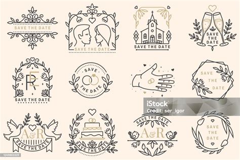 웨딩 초대 카드 템플릿 벡터 씬 선 기하학적 배지 날짜 초대 카드 디자인을 저장하기 위한 개요 아이콘입니다 웨딩 교회 아치