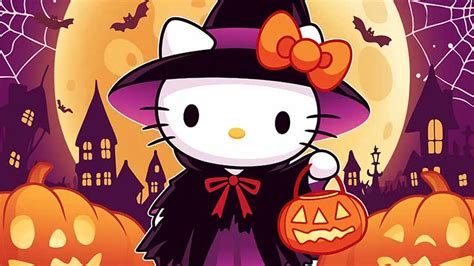 Hello Kitty Halloween Witch Costume Pumpkins Desktop Wallpaper