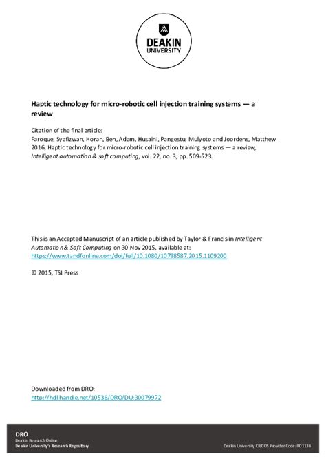 Pdf Haptic Technology For Micro Robotic Cell Injection Training Systems—a Review