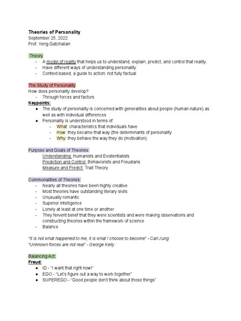 Theories Of Personality Lecture Notes Pdf