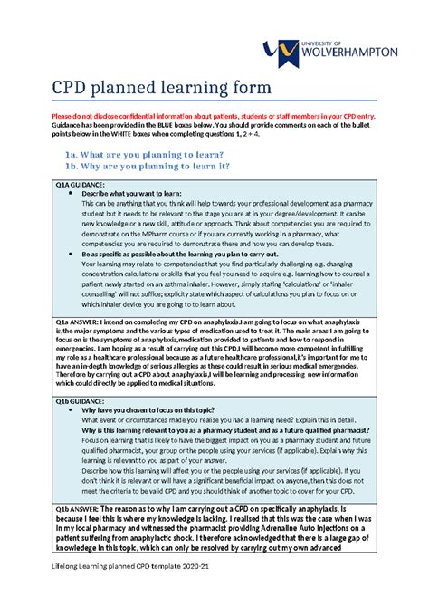 CPD Planned Learning Form V CPD Planned Learning Form Please Do Not Disclose