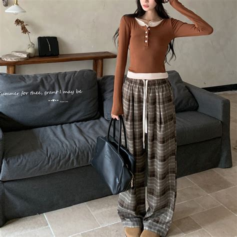 메이드랑 코디세트페이크 레이어드 반버튼 슬림 티셔츠허리밴딩 체크패턴 와이드 캐주얼 팬츠 세트 Oc123745e