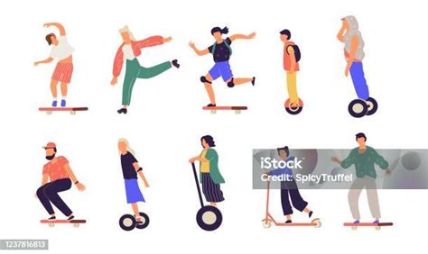 사람들이 타고 전기 스케이트 외발 자전거 롱 보드 모노 포드 스쿠터와 호버 보드에 만화 캐릭터 벡터 현대 도시 교통 스케이트보드 타기에 대한 스톡 벡터 아트 및 기타 이미지