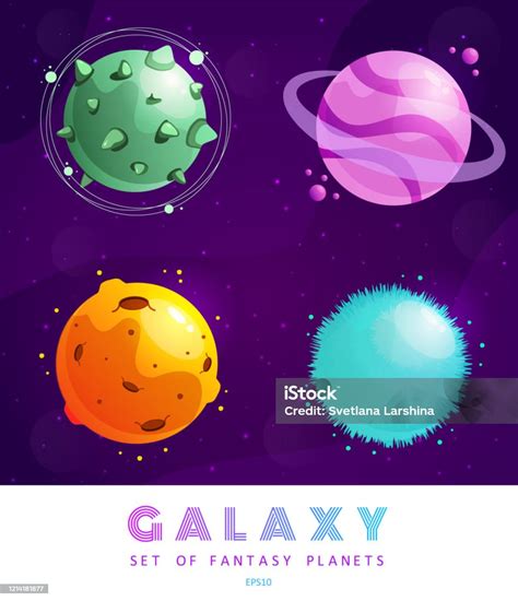 만화 행성의 벡터 세트입니다 고립 된 개체의 다채로운 세트입니다 공간 배경입니다 판타지 행성 다채로운 우주 게임 디자인 Ui 은하 게임에 대한 판타지 공간 행성 Eps 10