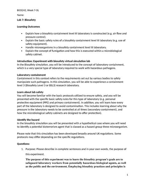 Micro Week 7 Lab Biosafety BIOS242 Week 7 OL Name Lab 7 Biosafety Learning Outcomes Explain