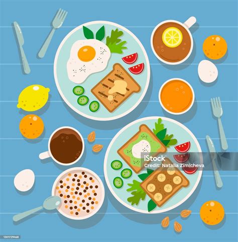 음식과 음료와 개념 벡터 아침 식사 맛있는 호텔 아침 식사와 커피 레몬 오렌지 주스 데친 계란 튀긴 계란 야채 와 과일을 체크 무늬 직물의 배경에 달걀에 대한 스톡 벡터