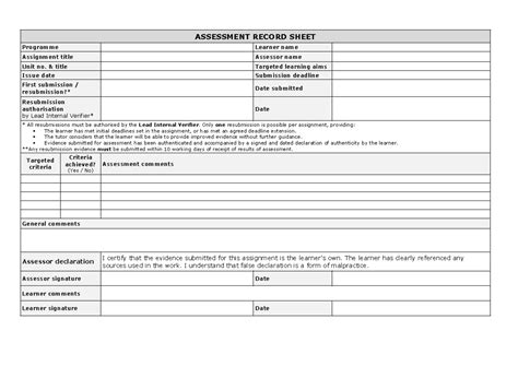Assessment Record Assessment Record Sheet Programme Learner Name