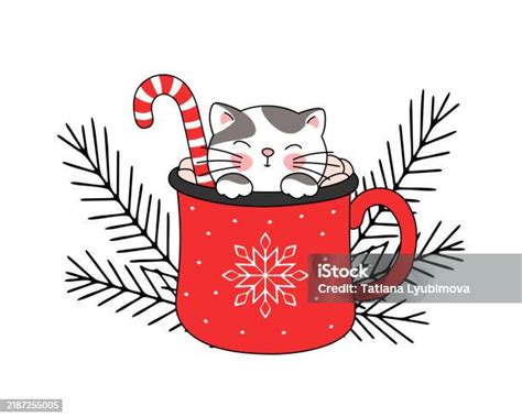 빨간 커피 머그잔에 귀여운 고양이 전나무 가지와 사탕 지팡이 벡터 일러스트 레이 션으로 장식 검은색에 대한 스톡 벡터 아트 및 기타 이미지 Istock