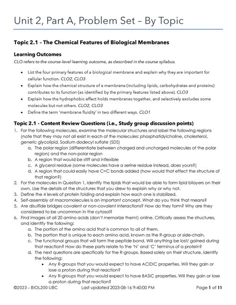 Unit A Problem Set Unit Part A Problem Set By Topic Topic The Chemical Features