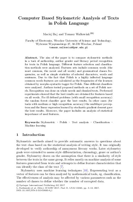 Pdf Computer Based Stylometric Analysis Of Texts In Polish Language
