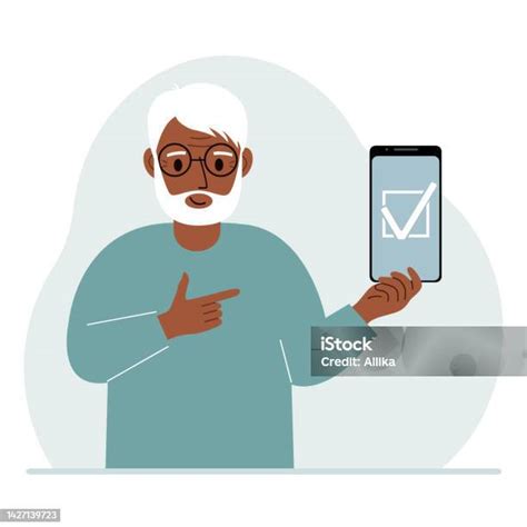 한 남자가 화면에 체크 표시가있는 전화를 들고 있습니다 선택 투표 또는 방어의 개념 벡터에 대한 스톡 벡터 아트 및 기타 이미지 벡터 부분의 비즈니스 Istock