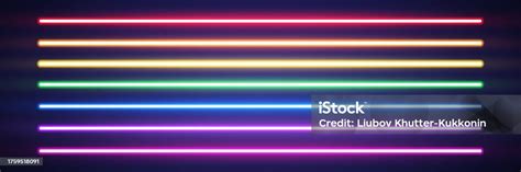 네온 롱 라인이 세트 무지개 테두리 컬러 레이저 빔 현실적인 Led 네온 튜브 빛나는 밤의 간판 파티 게임 웹을 위한 밝은 디자인 수평 램프 기호입니다 복고풍 네온 벽입니다