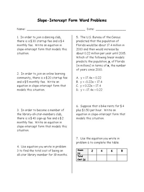 Slope Intercept Form Word Problems Wkst Pdf Fee Teaching Worksheets Library