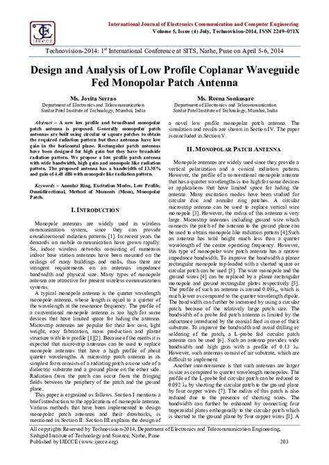 Pdf Design And Analysis Of Low Profile Coplanar Waveguide Fed Monopolar Patch Antenna Ms