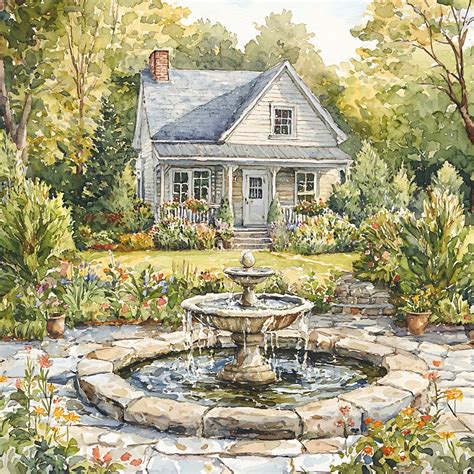 Charming Cottage Garden With A Cascading Fountain This Watercolor