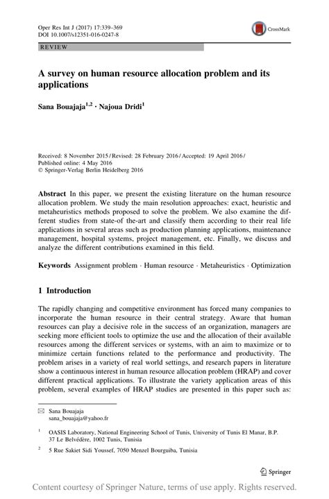 A Survey On Human Resource Allocation Problem And Its Applications