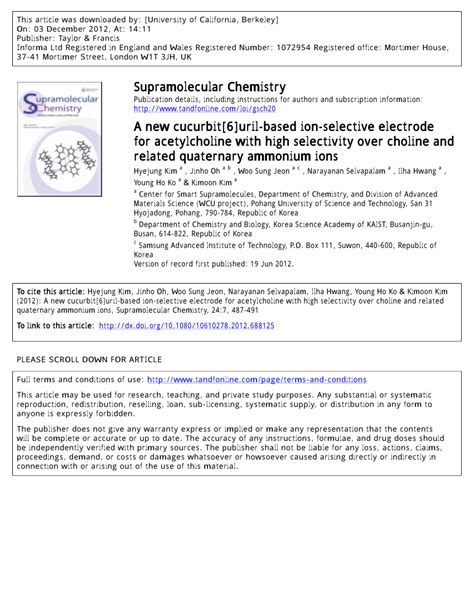 Pdf A New Cucurbit 6 Uril Based Ion Selective Electrode For Acetylcholine With High