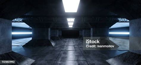 공상 과학 미래 외계인 우주선 그런 지 콘크리트 반사 열 복도 우주선 현대 화이트 블루 네온 빛나는 레이저 Led 타일 바닥