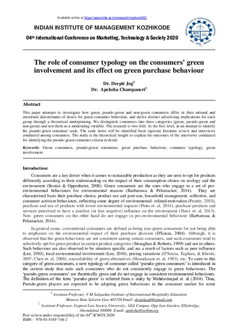 Pdf The Role Of Consumer Typology On The Consumers Green Involvement And Its Effect On Green