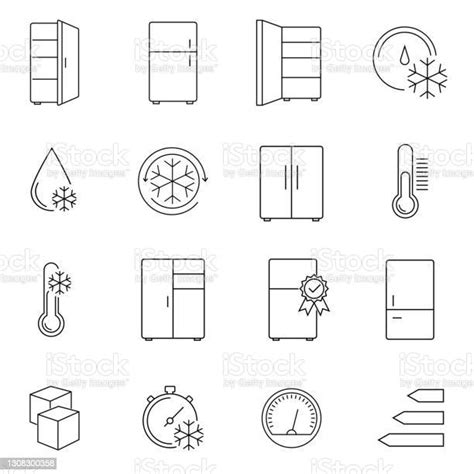 냉장고 및 냉장고 관련 라인 아이콘 세트 냉동 및 냉동 제품 벡터 선형 아이콘을 유지합니다 기호 로고 일러스트레이션 벡터 그래픽 상자에 대한 스톡 벡터 아트 및 기타 이미지